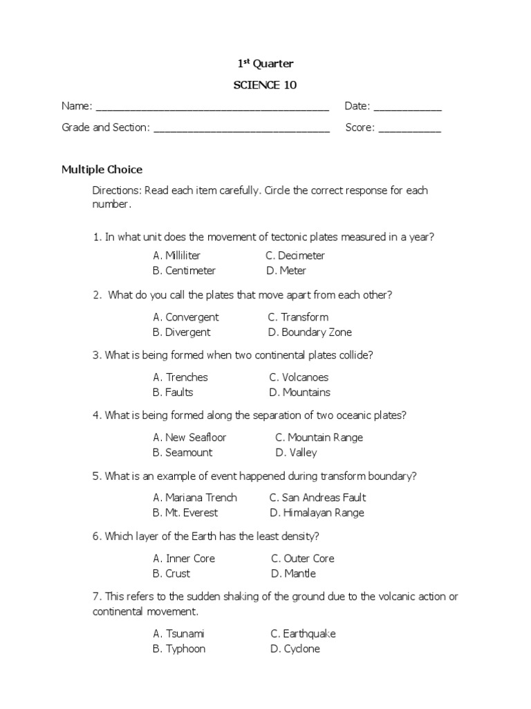 Grade 8 Science Multiple-Choice | PDF | Plate Tectonics | Earth