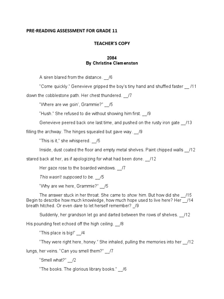 Pre-Reading Assessment For Grade 11 Teacher'S Copy: 2084 by Christine ...