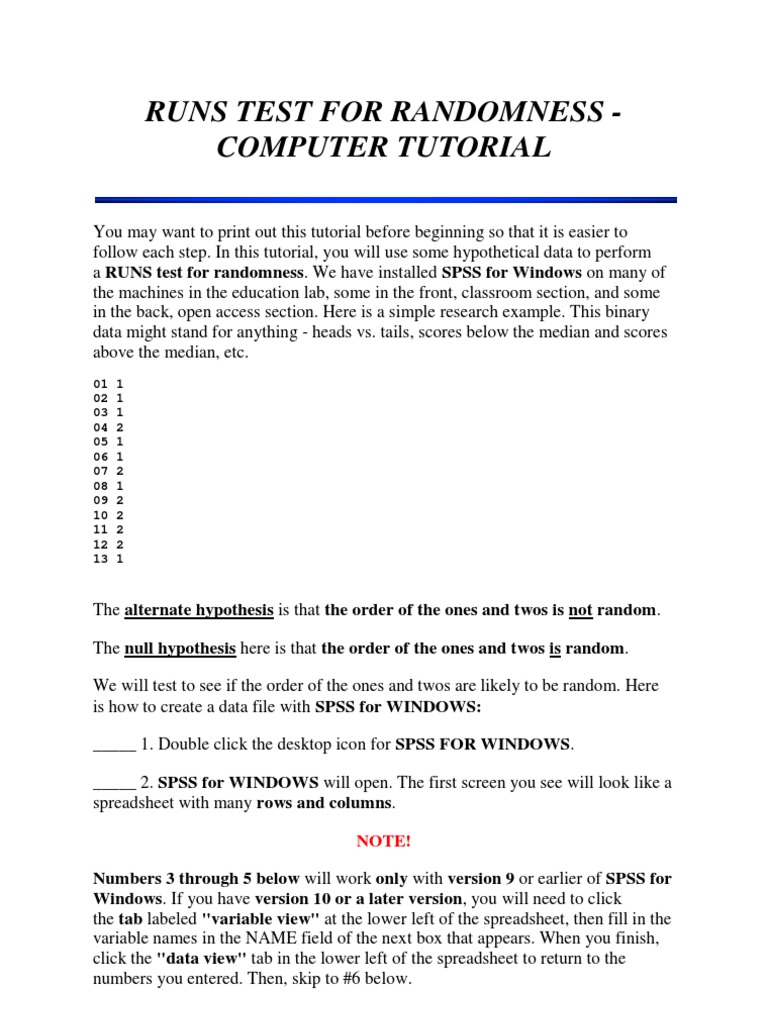 Runs Test For Randomness - Computer Tutorial | PDF | Spss | Spreadsheet