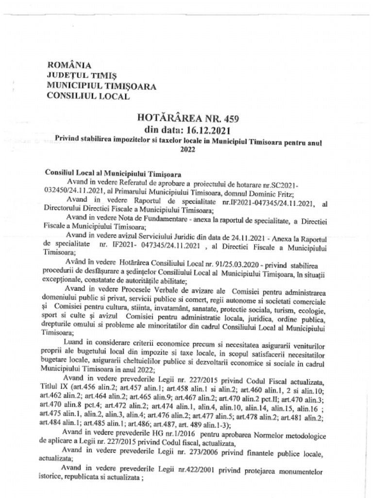 HCL 459 Din 16 12 2021 Taxe Si Imp PT 2022 Si Anexele | PDF