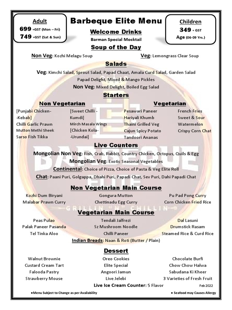 Barbeque Elite Menu: Children 349 Adult 699 749 | PDF | Soft Drink ...