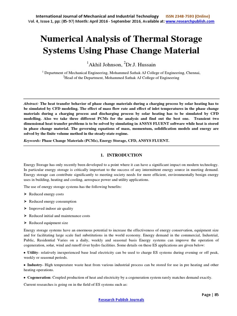 Numerical Analysis of Thermal Storage Systems Using Phase Change ...
