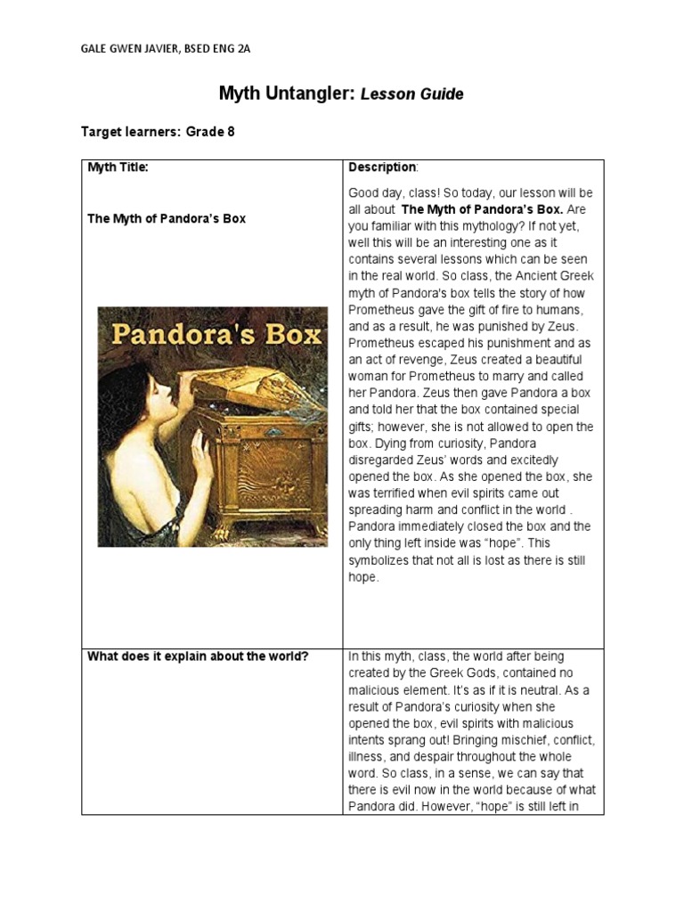 Myth Untangler:: Target Learners: Grade 8 | PDF | Prometheus | Hope