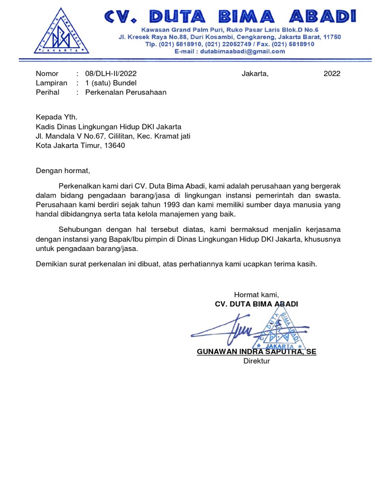 Surat Perkenalan Duta Bima | PDF
