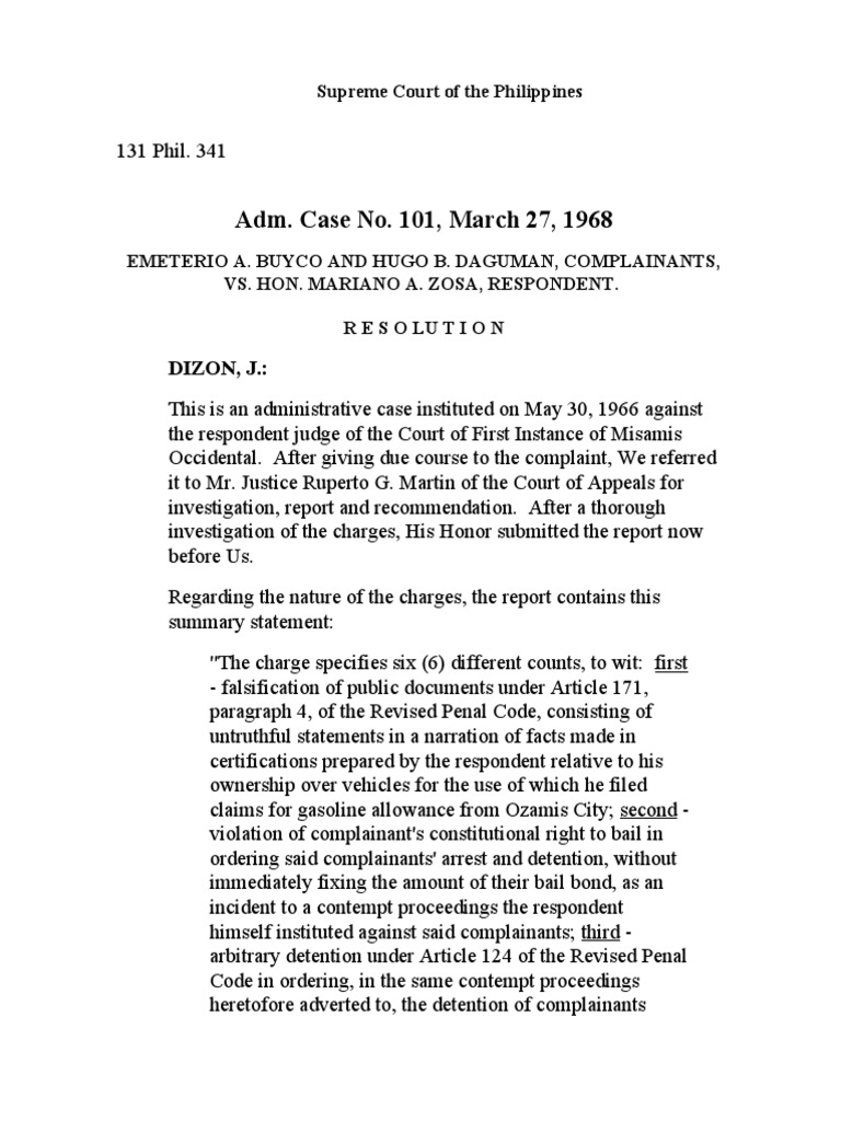 Adm. Case No. 101, March 27, 1968 | PDF | Bail | Contempt Of Court