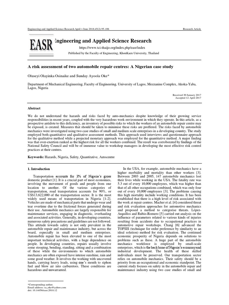 A Risk Assessment of Two Automobile Repair Centres | PDF | Risk | Hazards