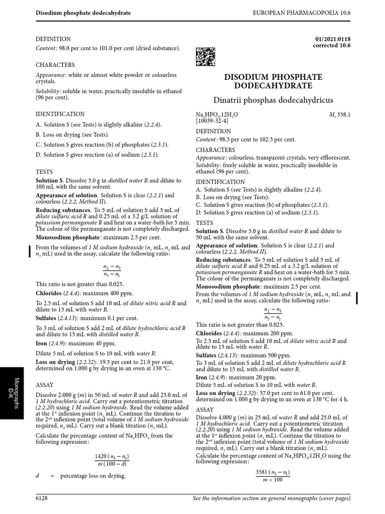 Disodium phosphate dodecahydrate EP monograph | PDF | Solubility | Acid