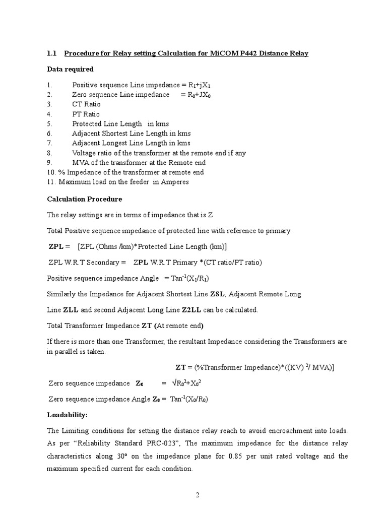 1.1 Procedure For Relay Setting Calculation For Micom P442 Distance ...