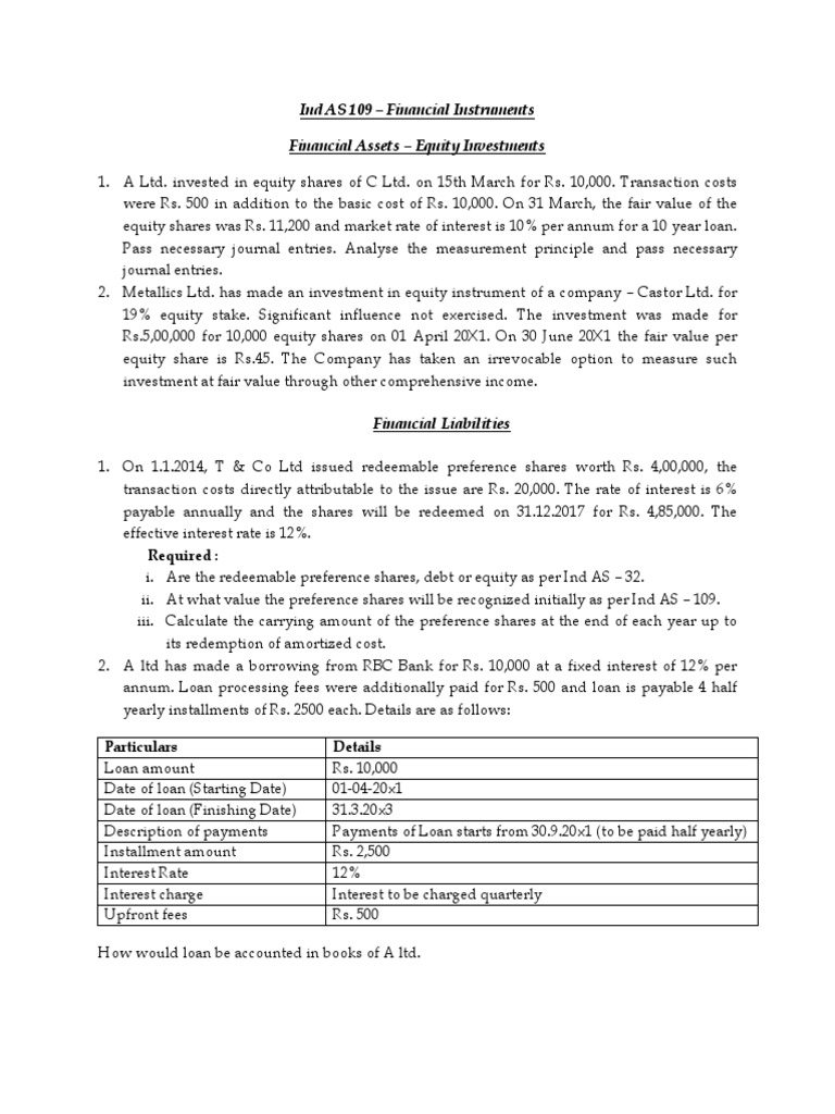 Ind AS 109: Journal Entries & Analysis | PDF | Equity (Finance) | Interest