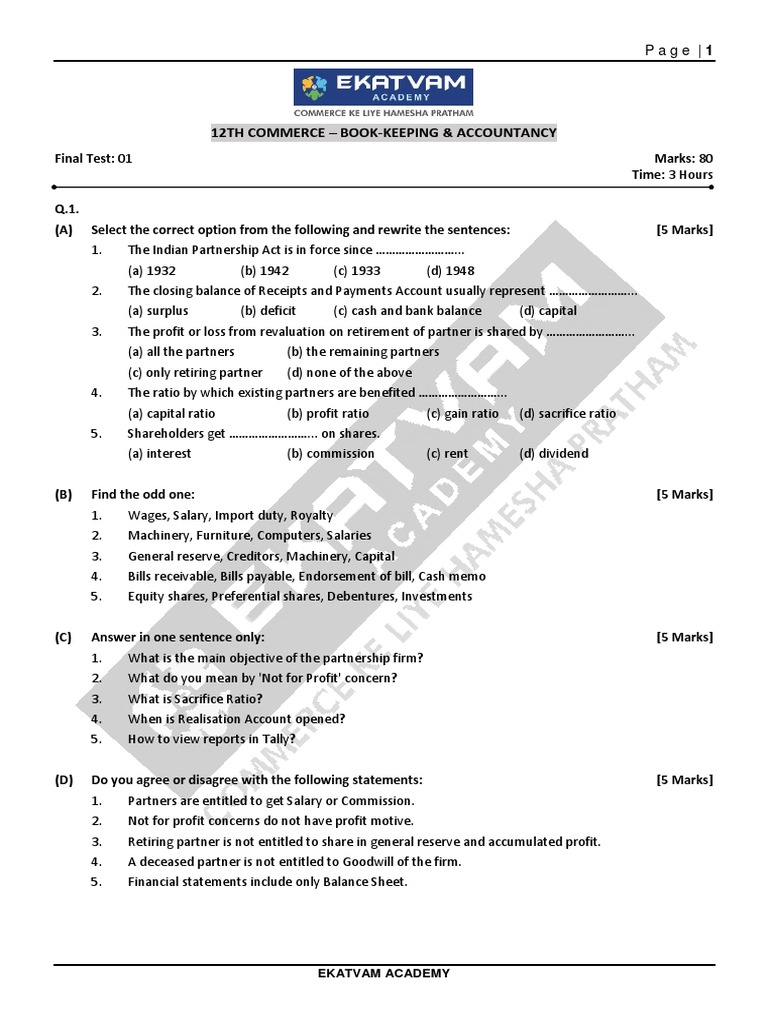 12th Account - Practice Test 1 - Que - SMJ | PDF | Balance Sheet ...
