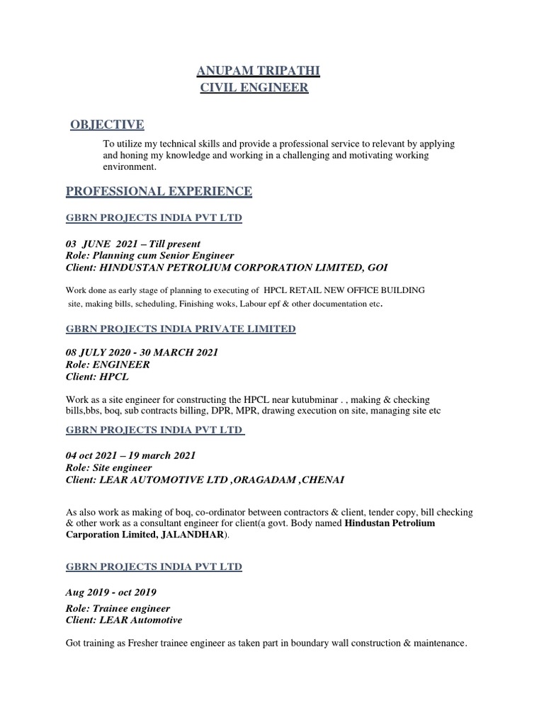 Anupam Tripathi Civil Engineer: GBRN Projects India PVT LTD | PDF | Engineering