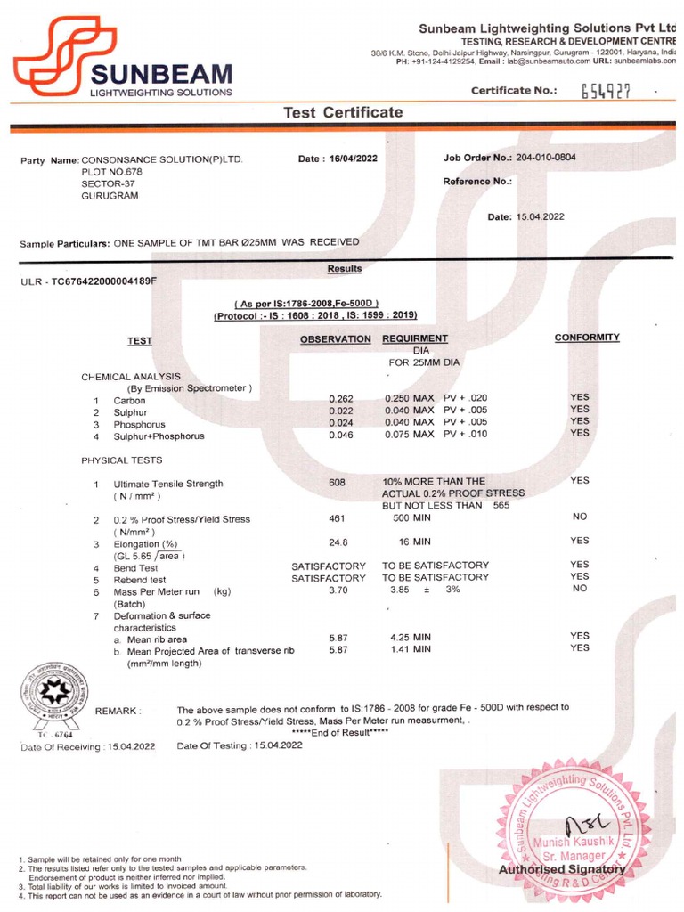 Test Certificate: Reference No. | PDF | Yield (Engineering) | Stress ...