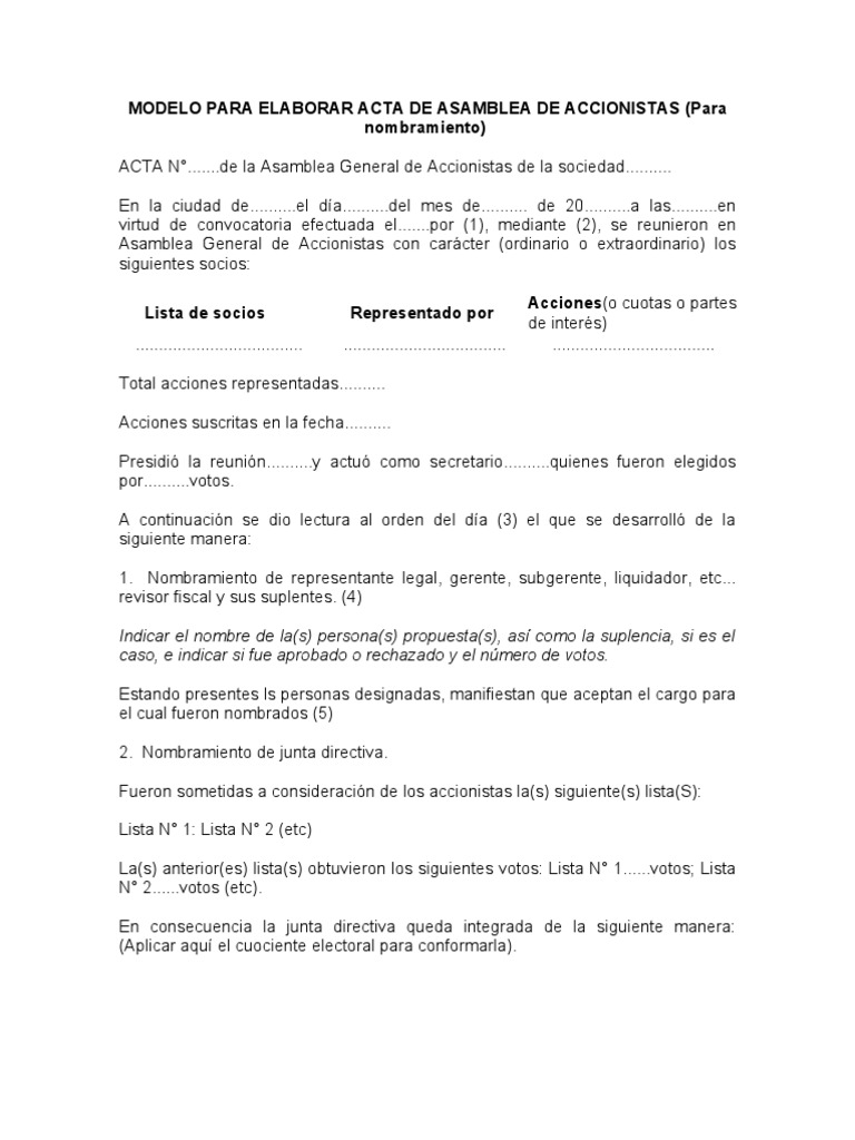 Modelo De Acta De Asamblea De Accionistas Pdf Gobierno