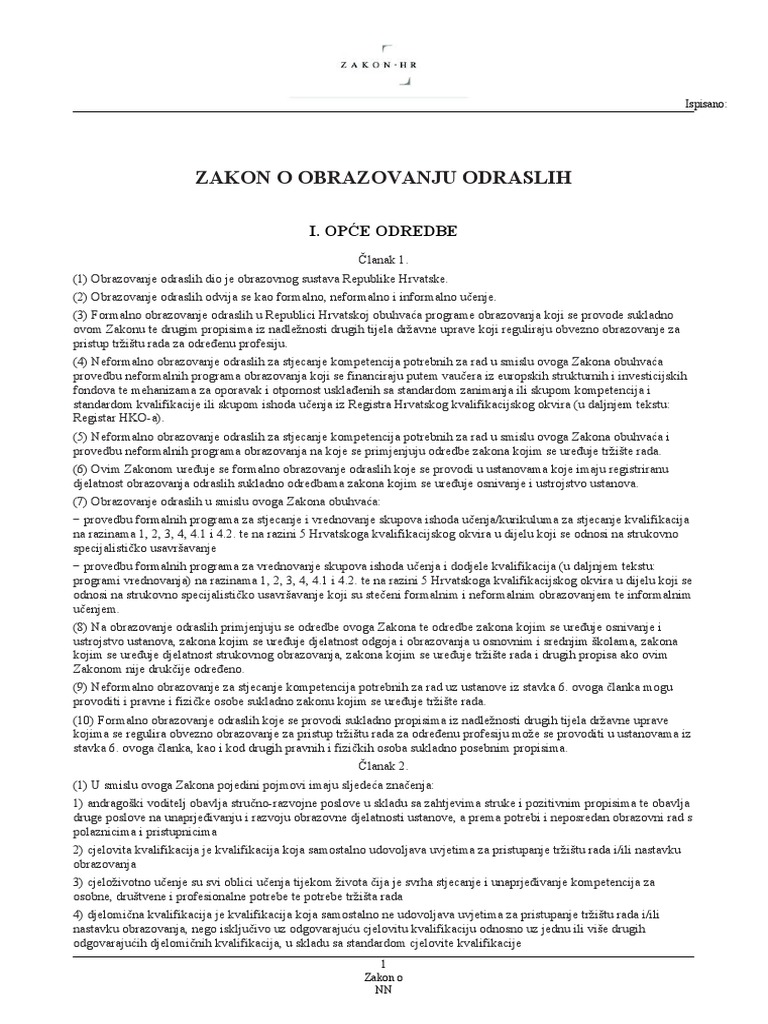 Zakon o Obrazovanju Odraslih 2022 | PDF