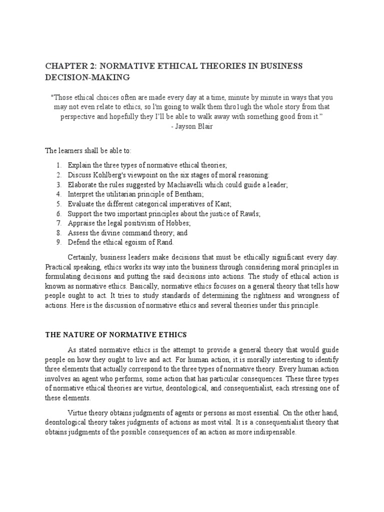 Chapter 2 - Normative Ethical Theories in Business Decision-Making | PDF