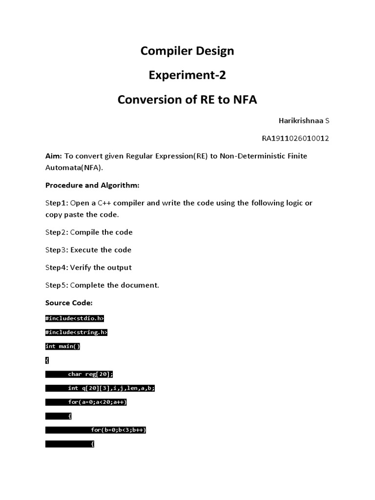 Exp 2 Conversion Of Re To Nfa Pdf Theoretical Computer Science Theory Of Computation 