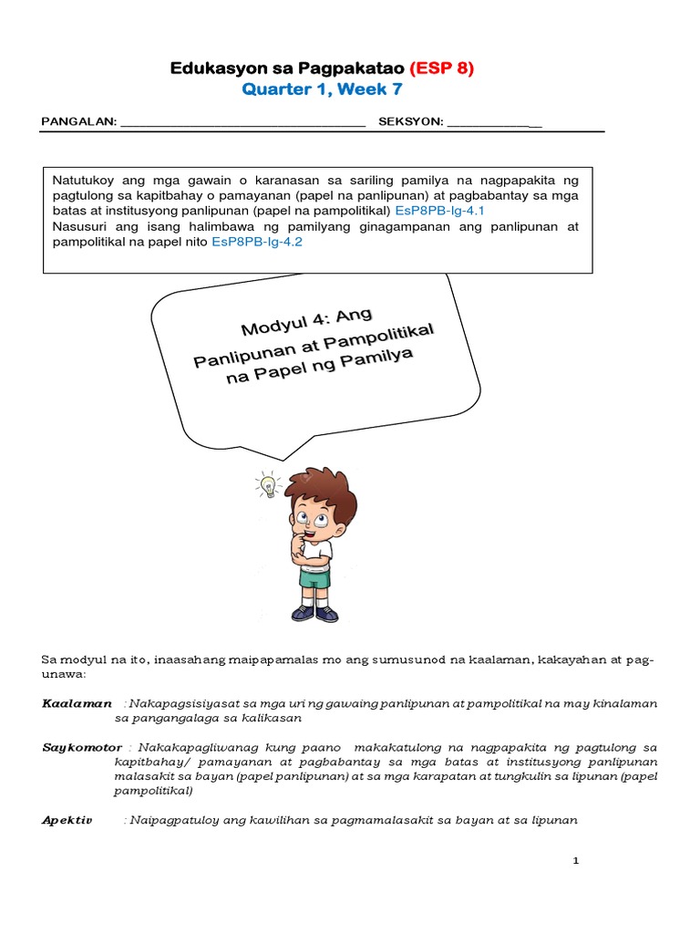 ESP8 - Q1 - Wk7 - Panlipunan at Pampolitikal Na Papel NG Pamilya | PDF