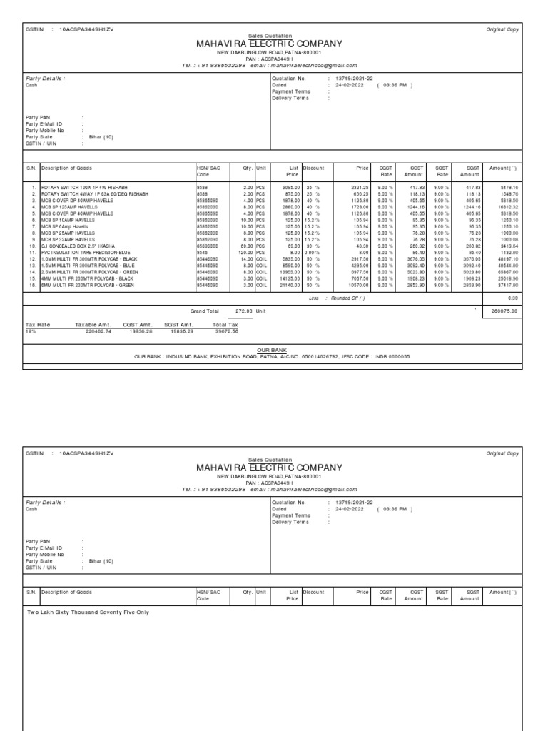 Mahavira Electric Company Quotation | PDF | Payments | Taxes