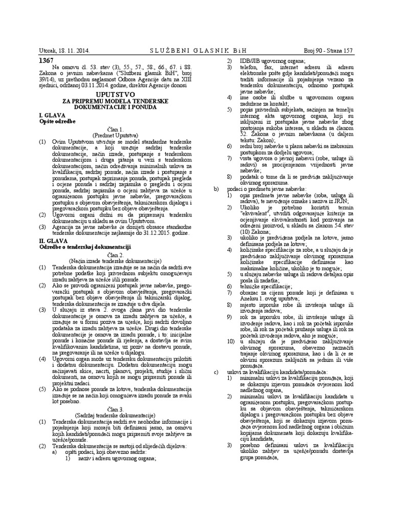 Uputstvo Za Pripremu Modela Tenderske Dokumentacije I Ponuda | PDF