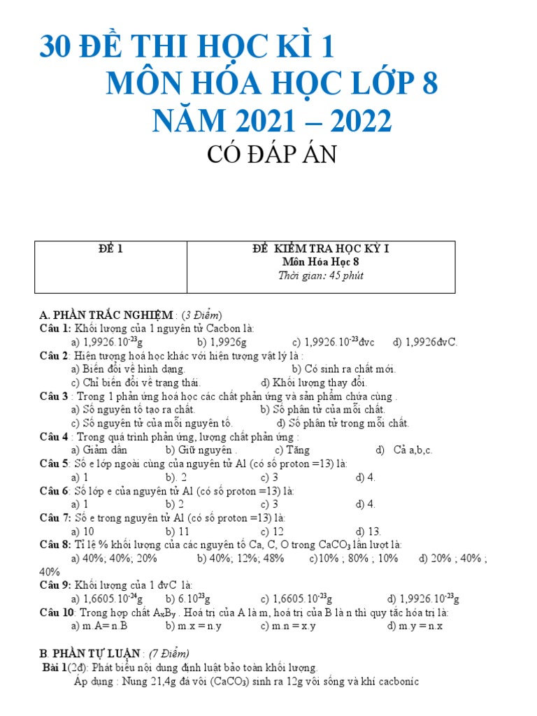 30 de Thi Hoa 8 HK1 Co Dap An | PDF