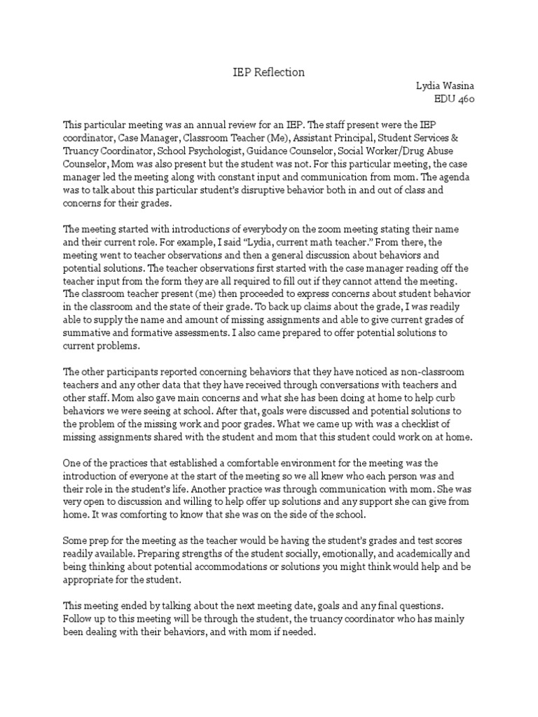 Iep Reflection | PDF | Individualized Education Program | Teachers