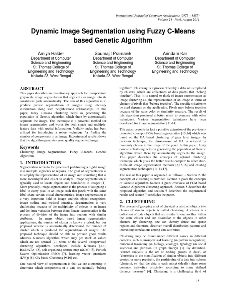 Dynamic Image Segmentation Using Fuzzy C-Means Based Genetic Algorithm | PDF