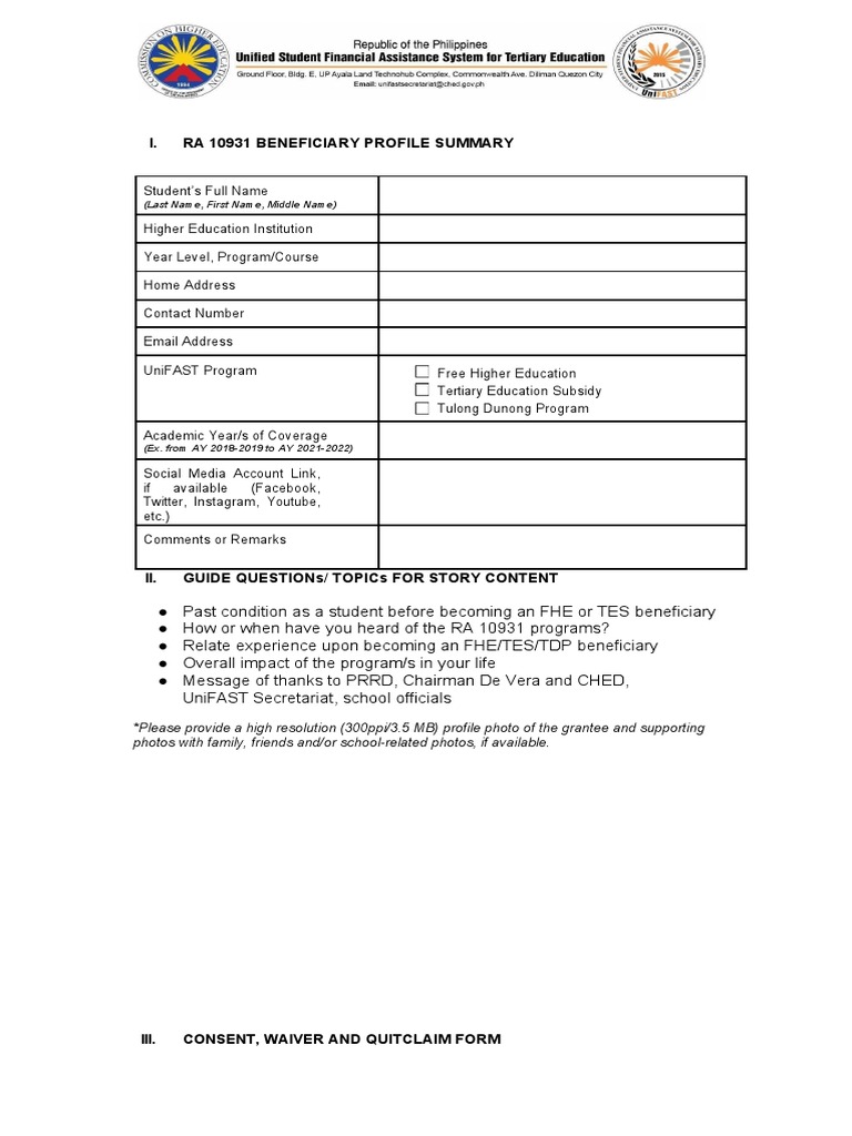 I. Ra 10931 Beneficiary Profile Summary: (Last Name, First Name, Middle Name) | PDF | Consent ...