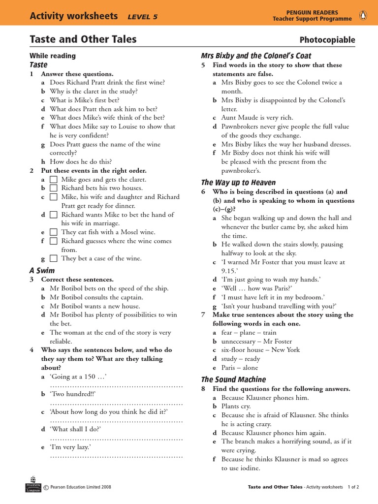 Taste and Other Tales: Activity Worksheets | PDF