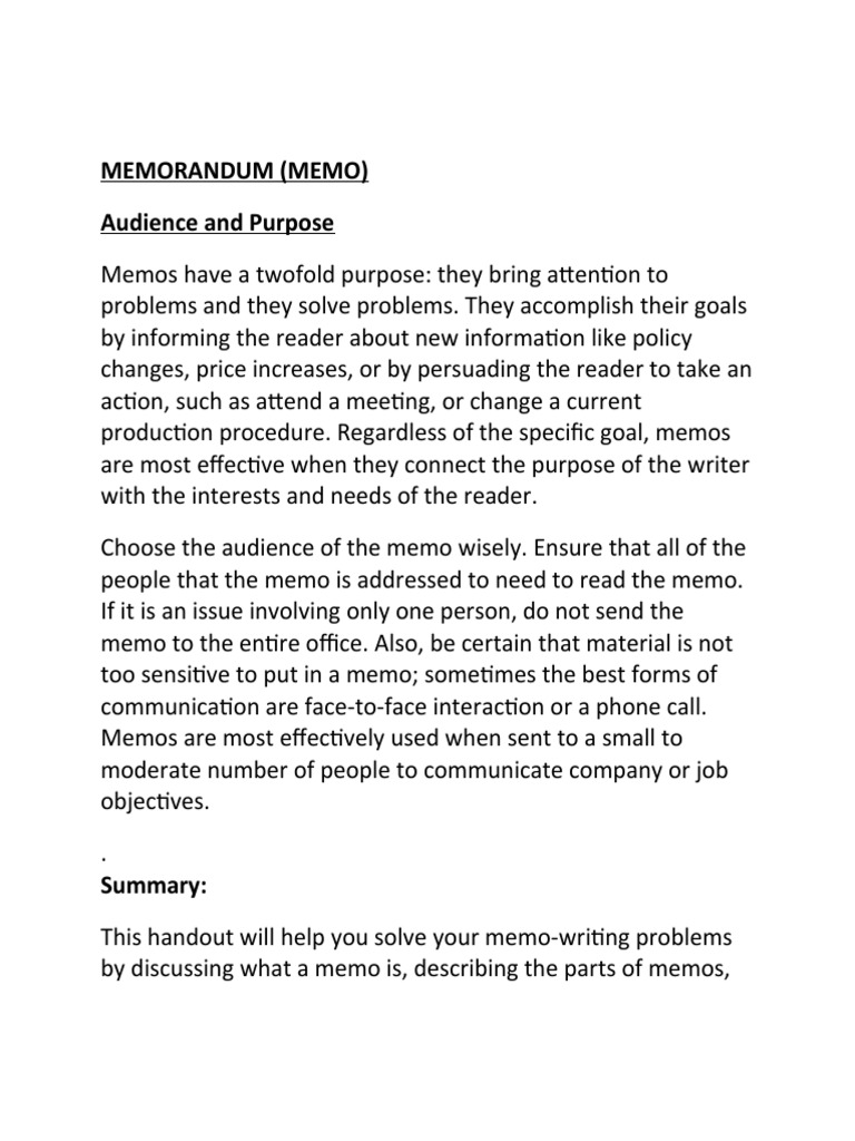 Memo - Purpose, Format, Segments | PDF | Memorandum | Linguistics