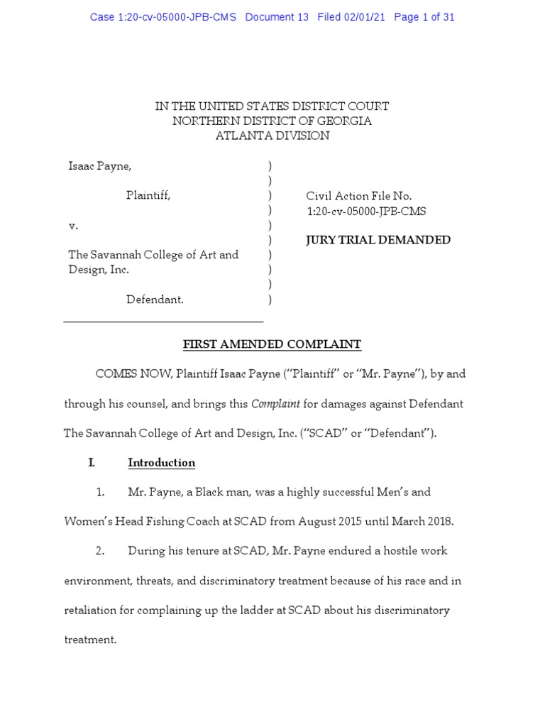 First Amended Complaint - Payne V SCAD | PDF | Arbitration | Damages