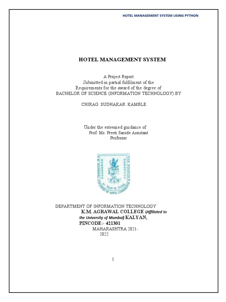 Hotel Management System: A Project Report Bachelor of Science ...