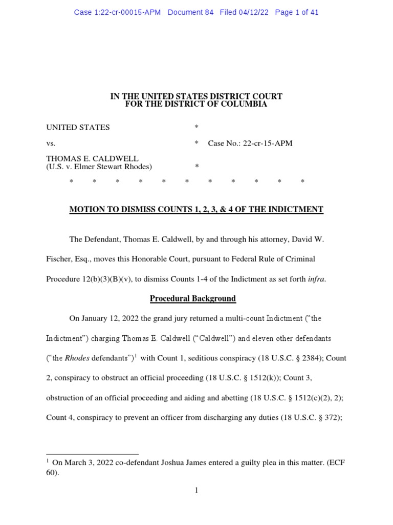 Thomas Caldwell Motion To Dismiss Counts 1-4 of Indictment | PDF ...