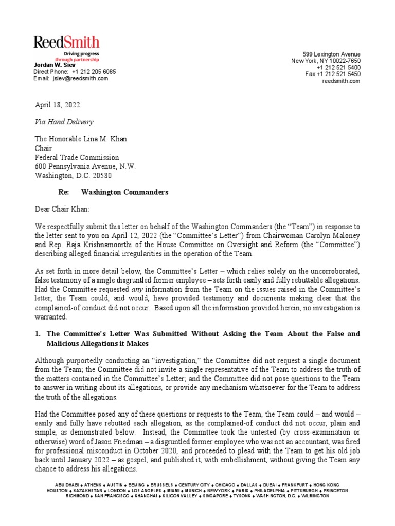 Commanders Legal Team's Letter To FTC | PDF