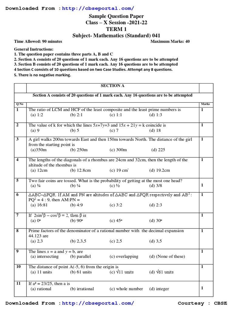Sample Question Paper Class - X Session - 2021-22 Term 1 Subject ...