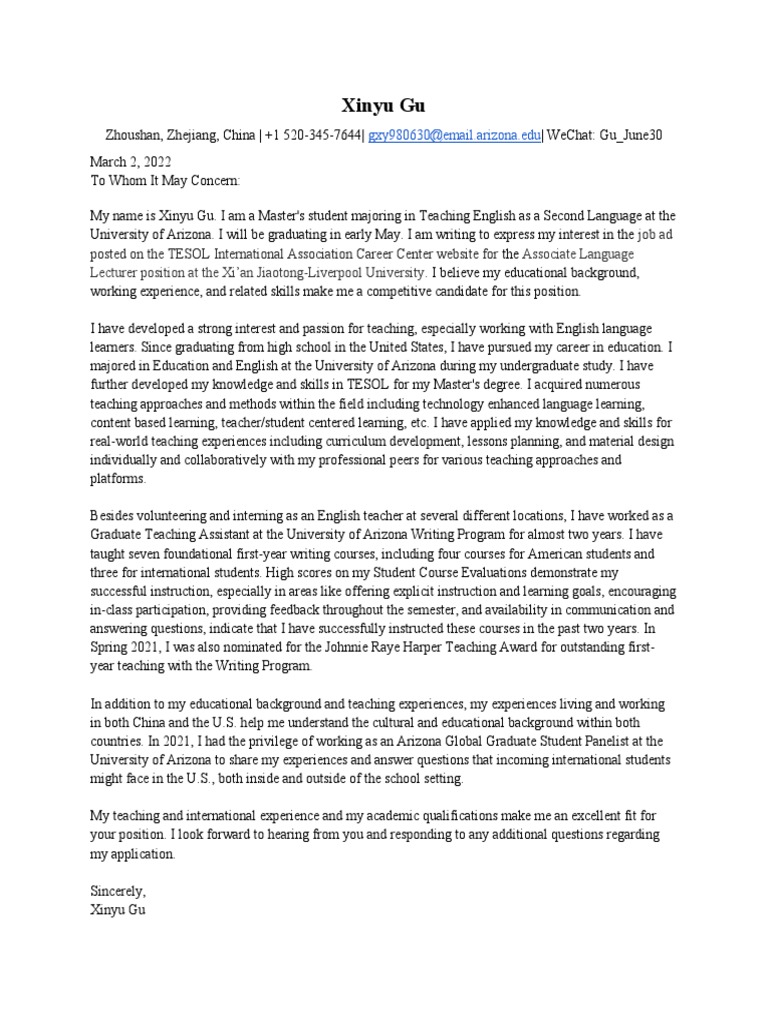 Xinyu Gu Cover Letter | PDF | English As A Second Or Foreign Language ...