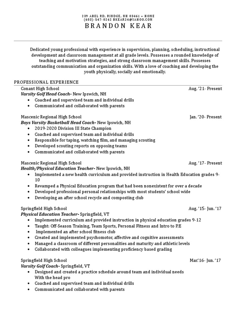 Brandon Kear: Varsity Golf Head Coach-New Ipswich, NH | PDF | Physical ...