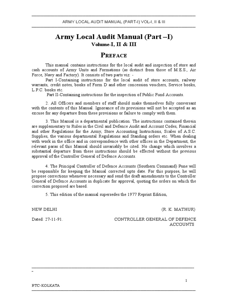 Army Local Audit Manual Part-I | PDF | Voucher | Receipt