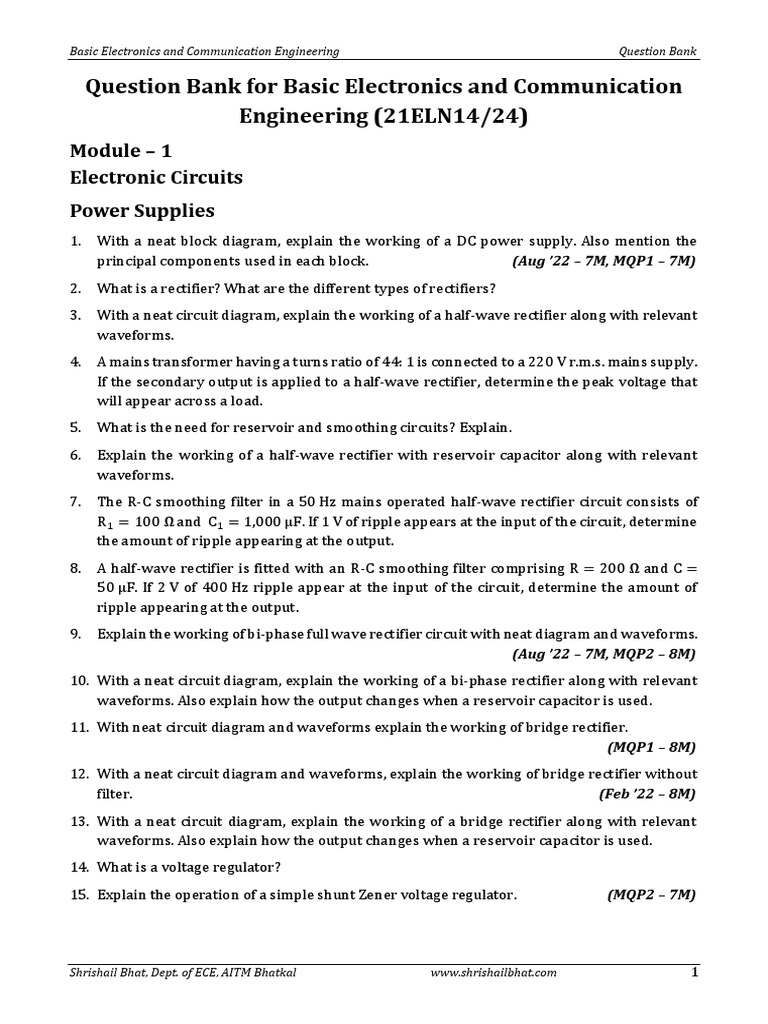 Basic Electronics and Communication Engineering (21ELN14/24) - Question Bank - VTU | PDF ...
