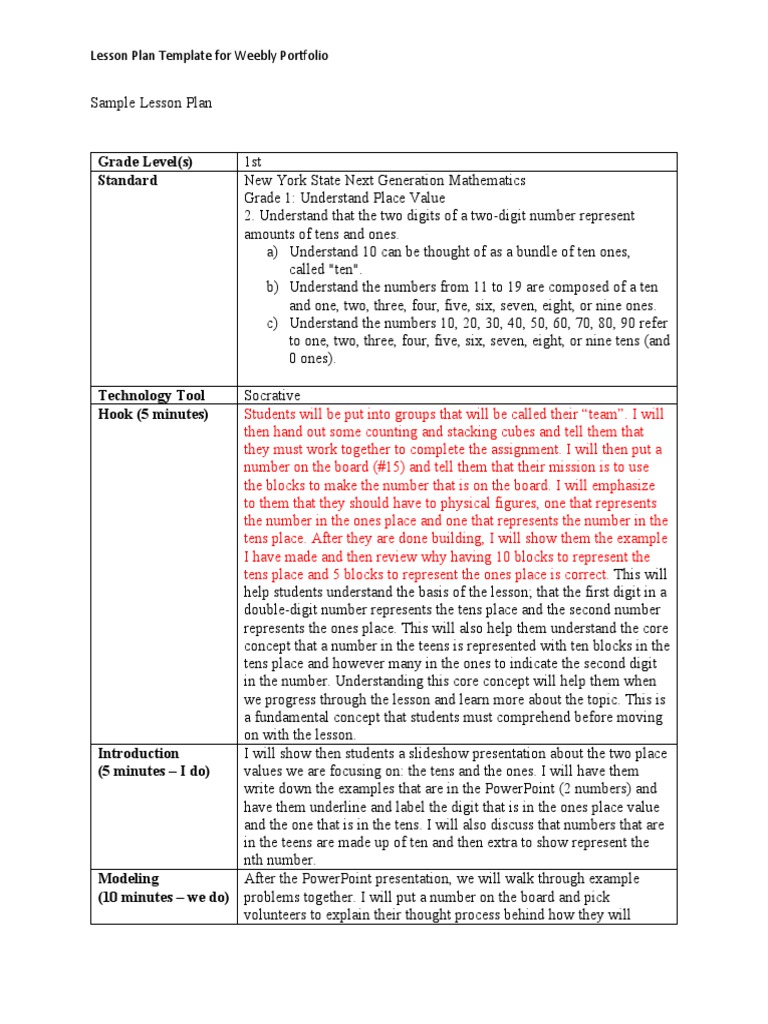 Lesson Plan Table For Portfolio | PDF