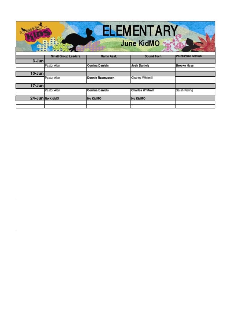 June KidMO Schedule and Leaders | PDF