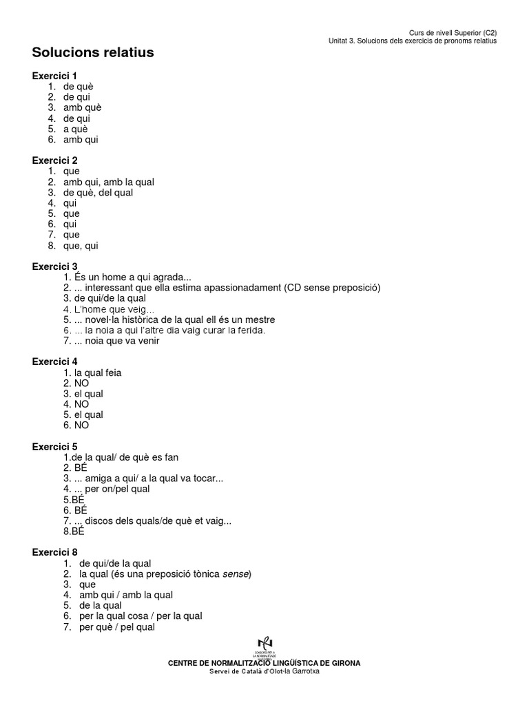 C2. U3. Solucions Dels Exercicis de Pronoms Relatius 1 | PDF