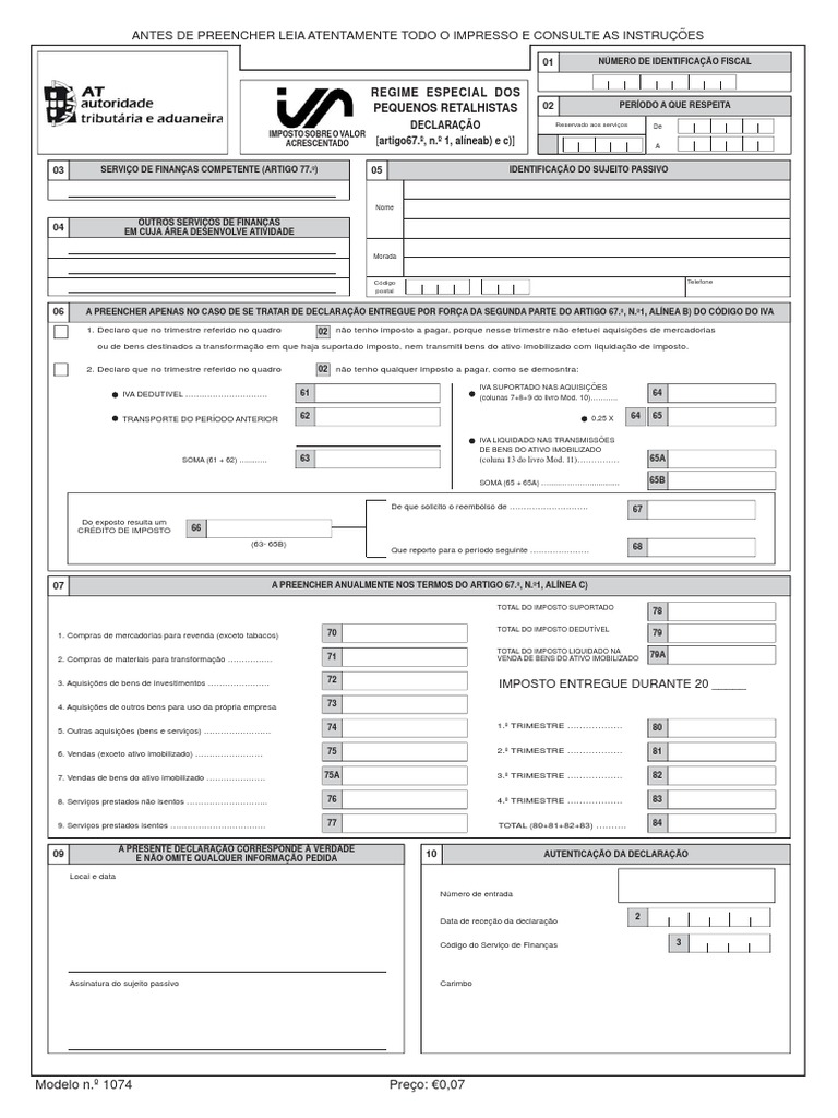 IVA - Modelo 1074 | PDF | Imposto sobre Valor Agregado (IVA) | Impostos