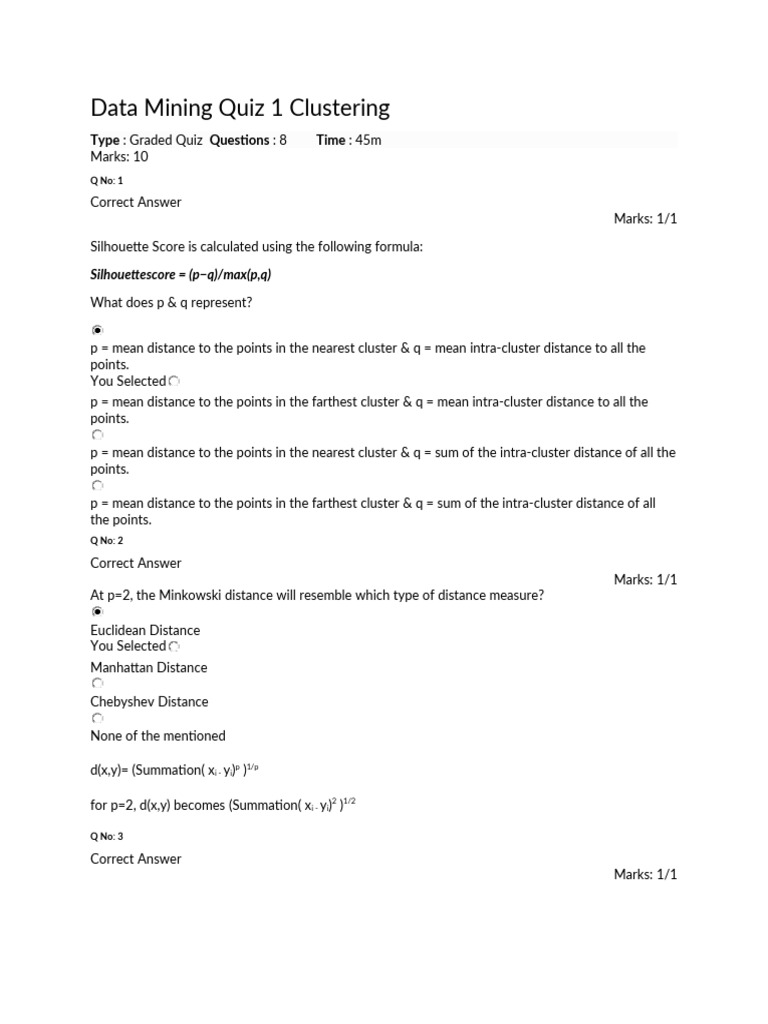 Data Mining Quiz 1 Clustering | PDF | Teaching Methods & Materials