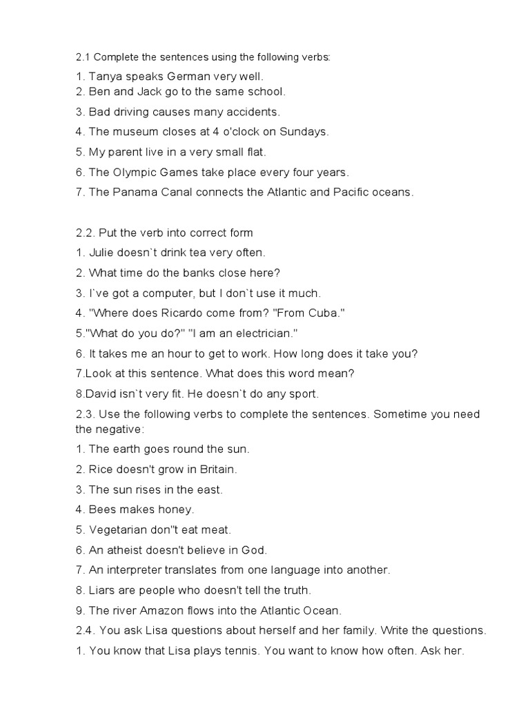 2.1 Complete The Sentences Using The Following Verbs | PDF