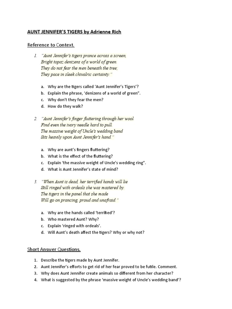 Reference To Context.: AUNT JENNIFER'S TIGERS by Adrienne Rich | PDF