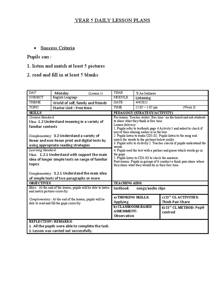 Year 5 Daily Lesson Plans: Skills Pedagogy (Strategy/Activity) | PDF ...