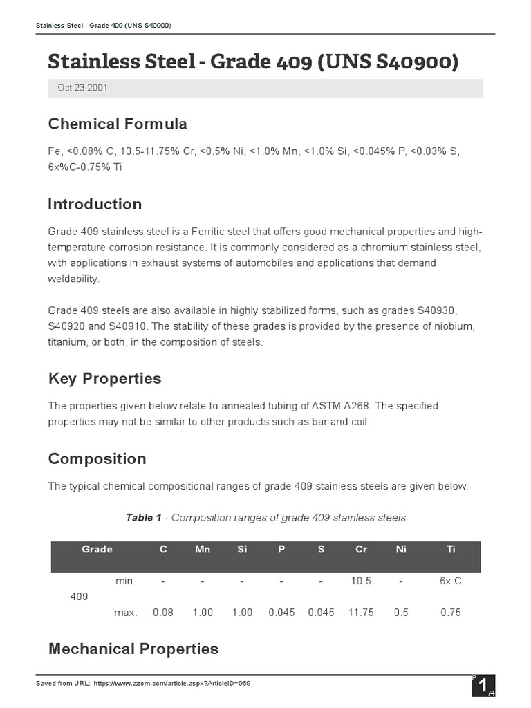 Stainless Steel Grade 409 (UNS S40900) | PDF | Stainless Steel | Steel