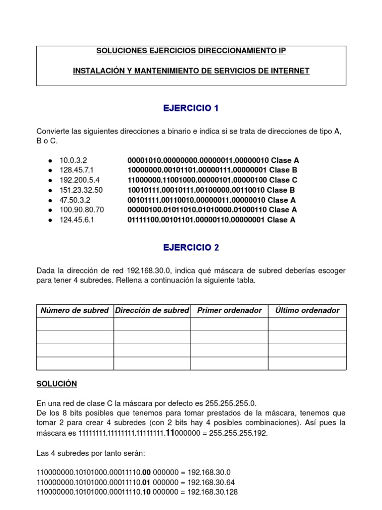Soluciones Ejercicios Direccionamiento Ip | PDF | Dirección IP | Telecomunicaciones
