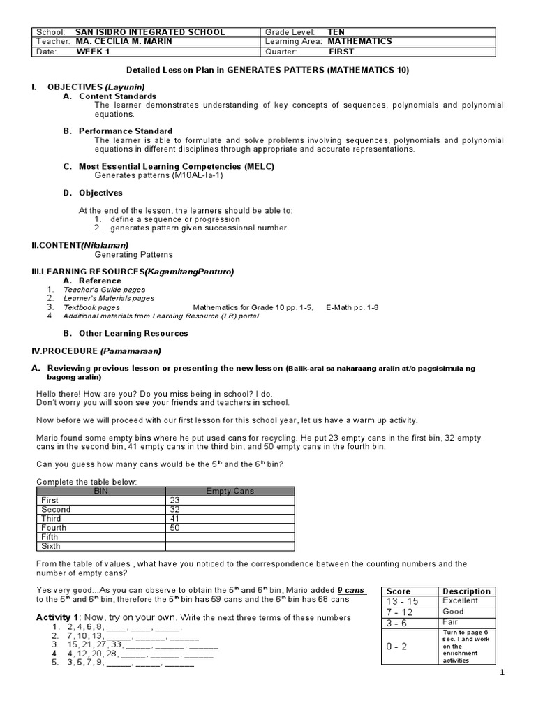 DLP G10 Math 1ST QTR WEEK 1 Final | PDF | Mathematics | Sequence