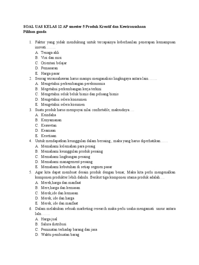 SOAL UAS PKK Klas 12 SMSTR 5 | PDF | Bisnis